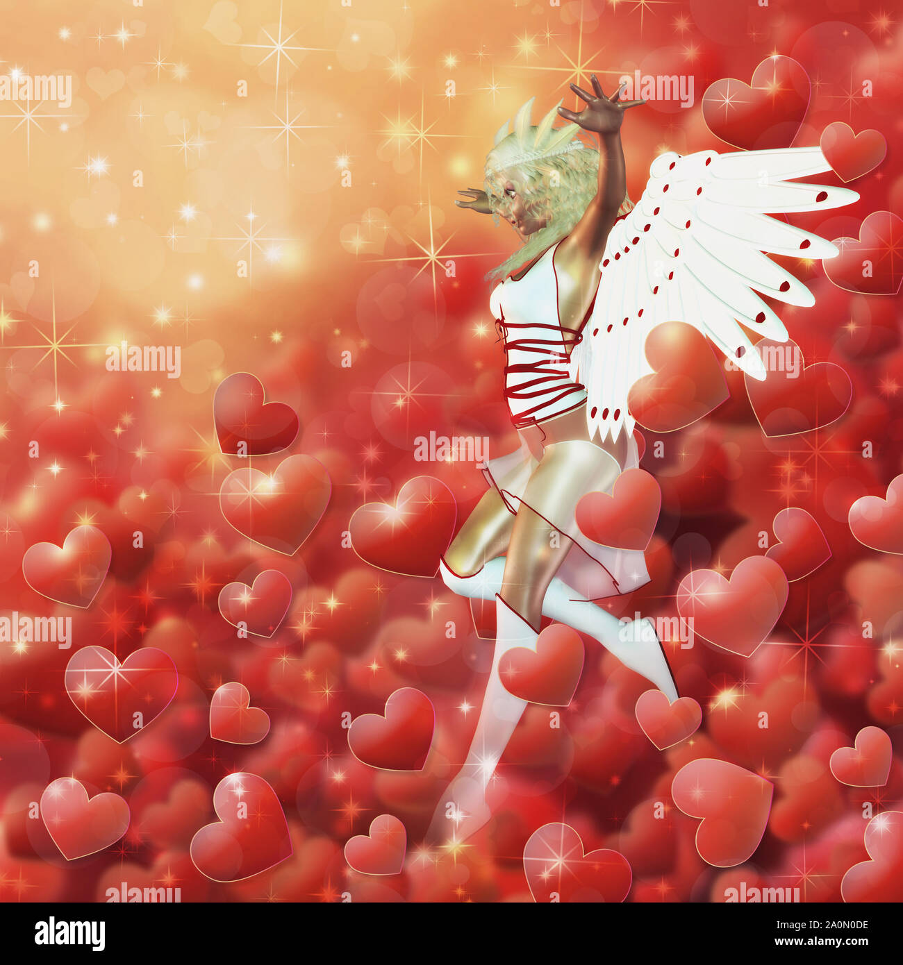 Colorful shiny background with red blurry hearts and cupid girl Stock ...
