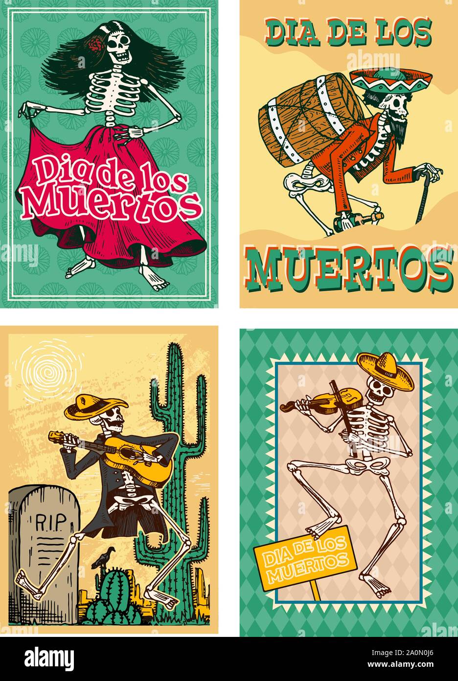 Day of the Dead Posters on a colored background. Skeletons dance and ...