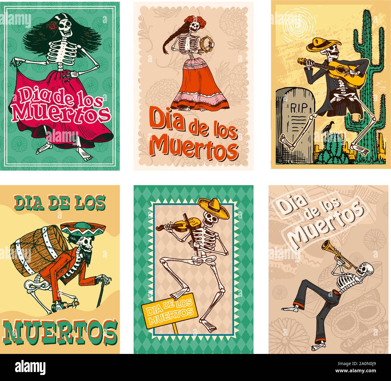 Day of the Dead Posters on a colored background. Skeletons dance and ...