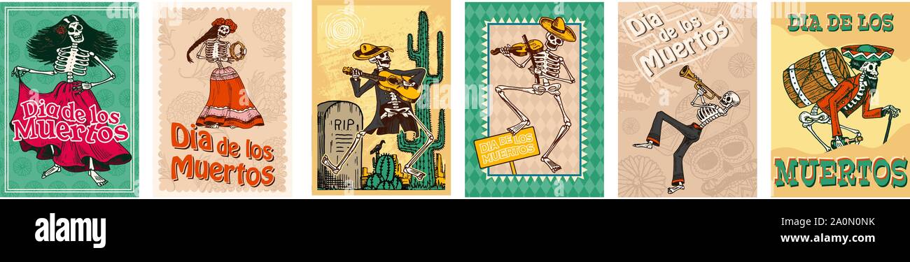 Day of the Dead Posters on a colored background. Skeletons dance and ...