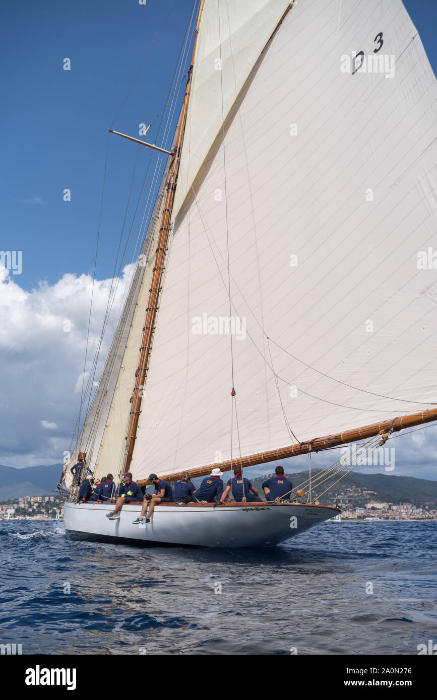 Tuiga sailboat, flagship of the Monaco Yacht Club, during racing in ...