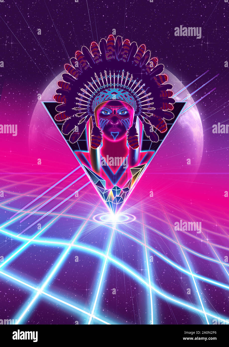 Glowing futuristic background with native american man design, 3d ...