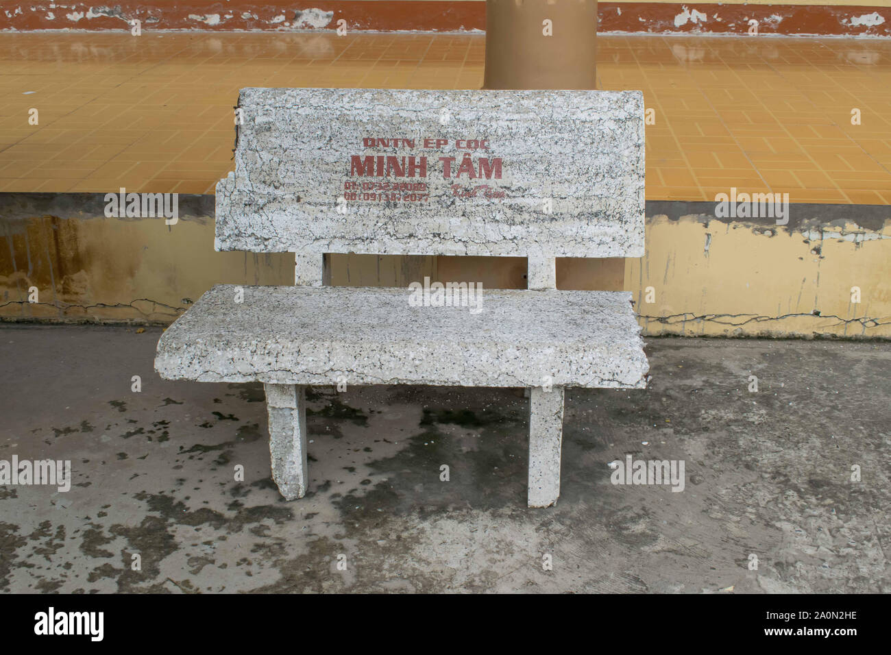JULY 18, 2019-MY THO, VIETNAM : Concrete bench at the Vinh Trang Pagoda ...