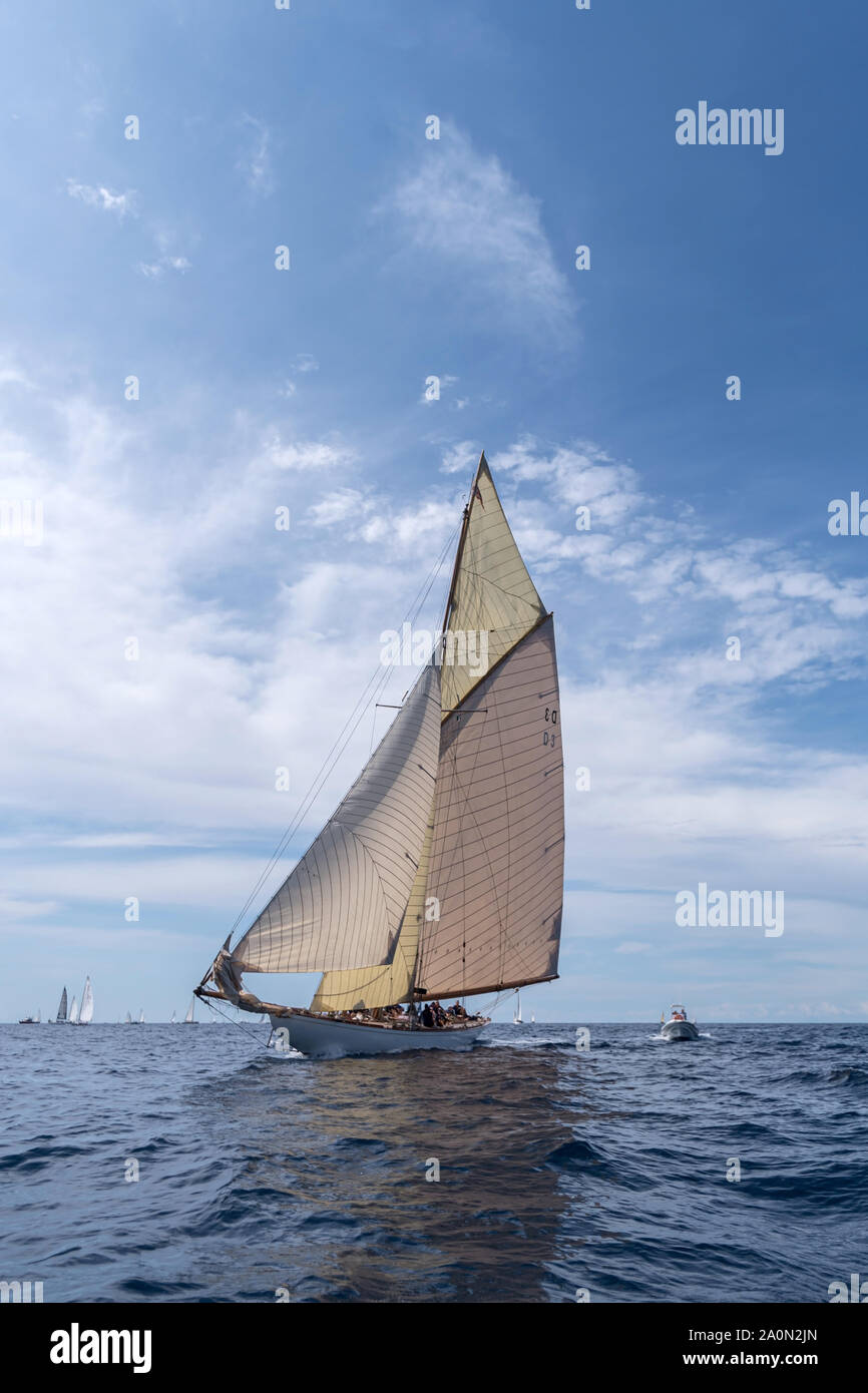Tuiga sailboat, flagship of the Monaco Yacht Club, during racing in ...