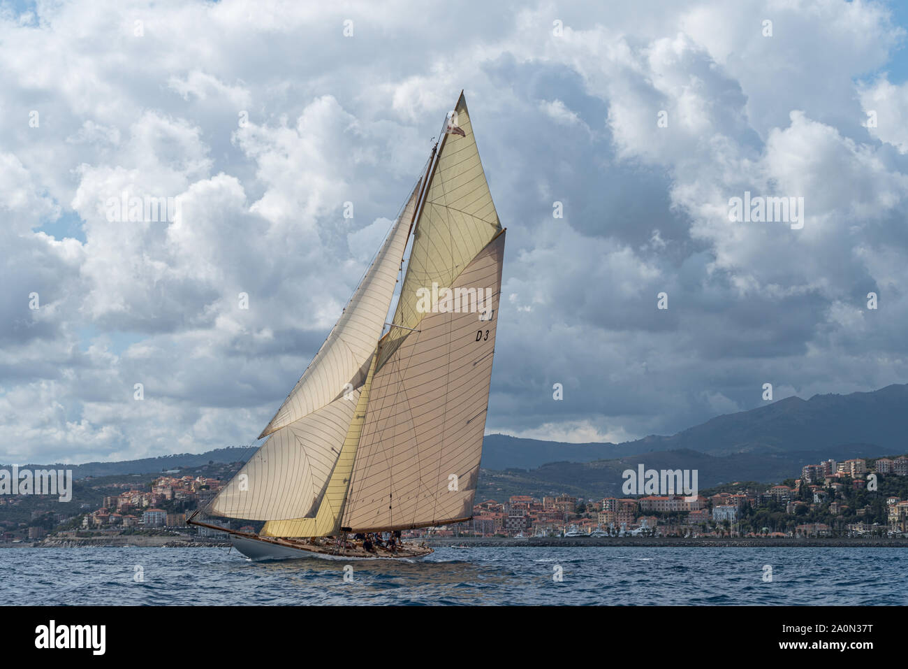 Tuiga sailboat, flagship of the Monaco Yacht Club, during racing in ...
