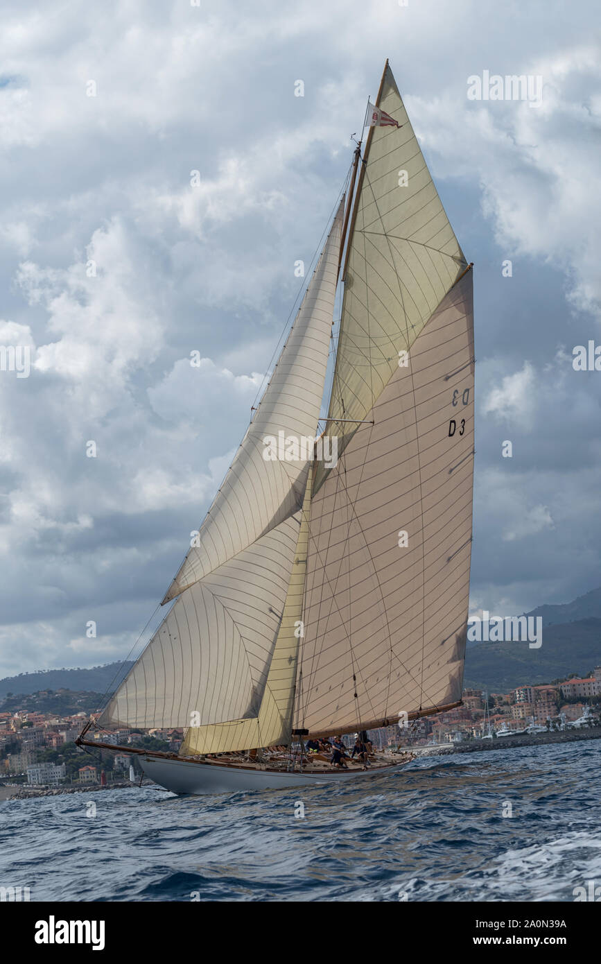 Tuiga sailboat, flagship of the Monaco Yacht Club, during racing in ...