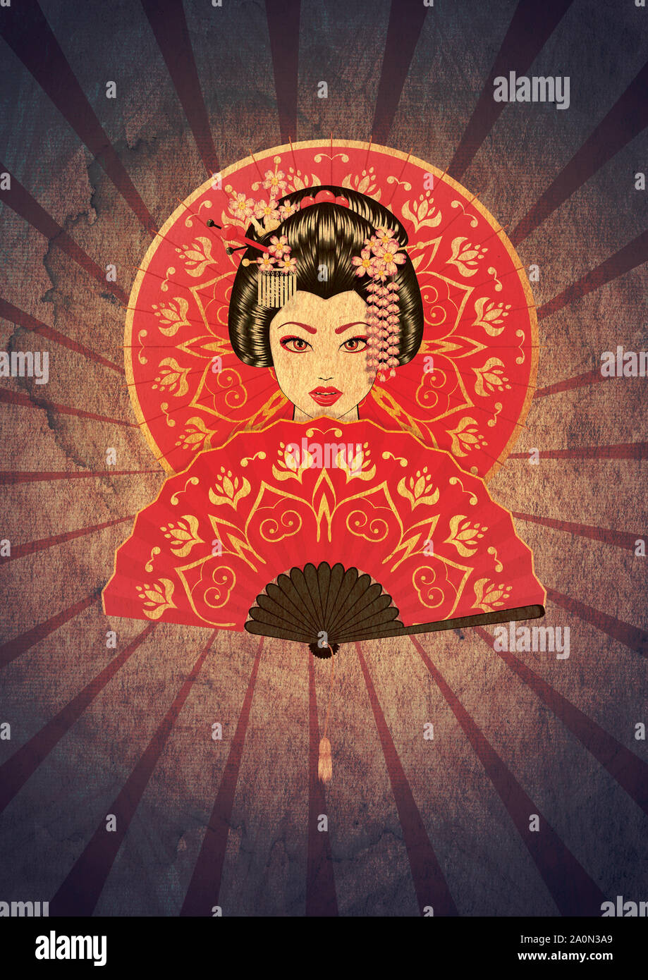 Vintage poster with the cartoon geisha, grunge paper textured ...