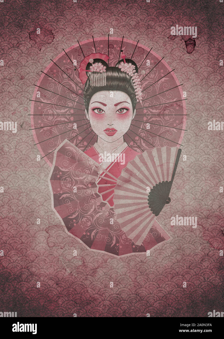 Vintage poster with the cartoon geisha, grunge paper textured ...