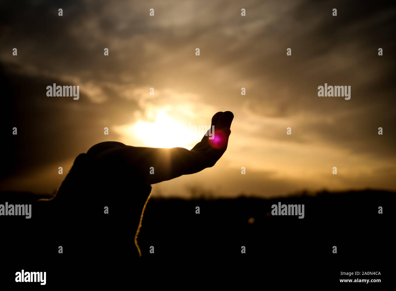 Hand of a human against sun at sunset Stock Photo - Alamy