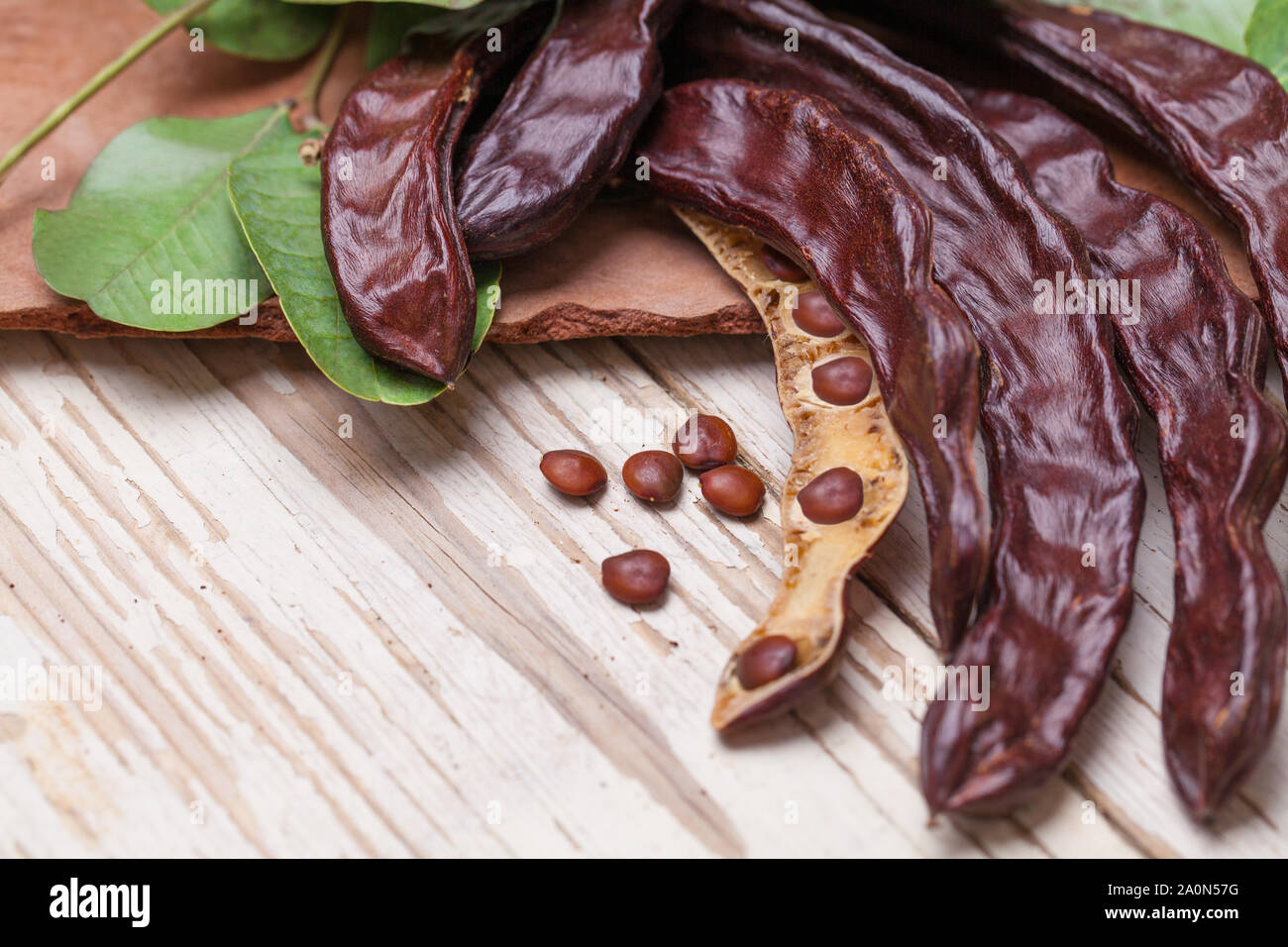 Carob. Organic carob pods with seeds and leaves on white wooden table ...