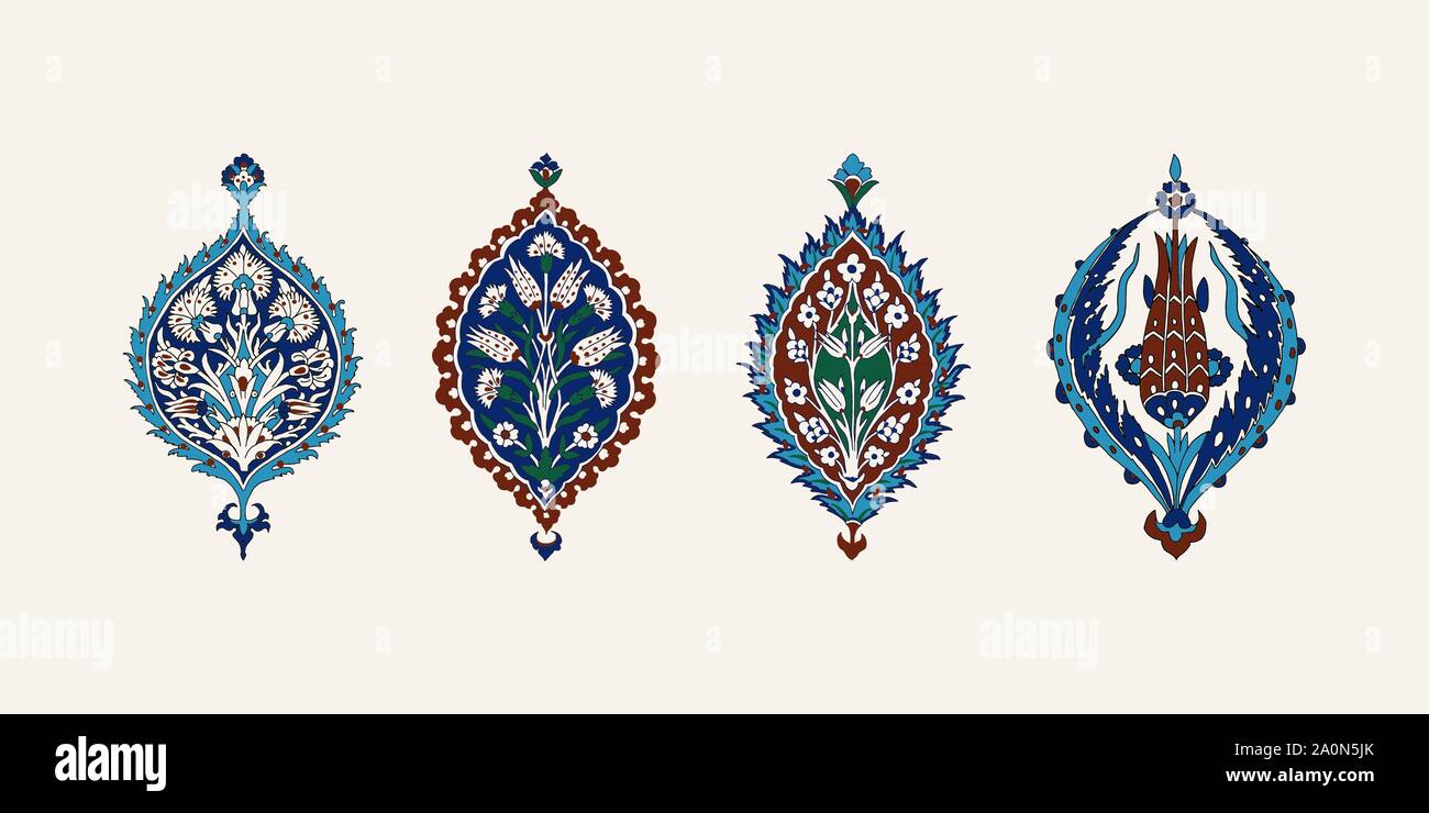Set of 4 iznik elements. Vector traditional Turkish floral cobalt blue ...