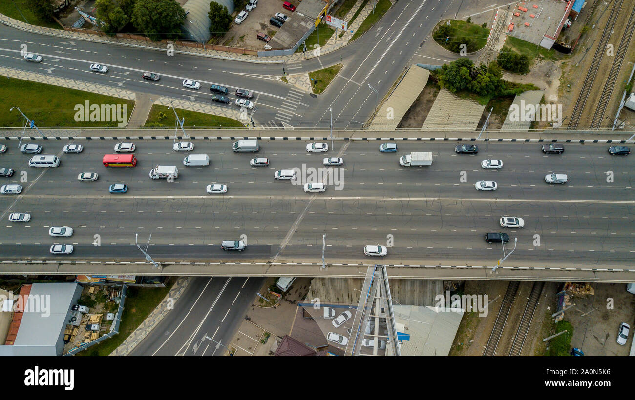 Aerial top view of road junction from above, automobile traffic and jam ...
