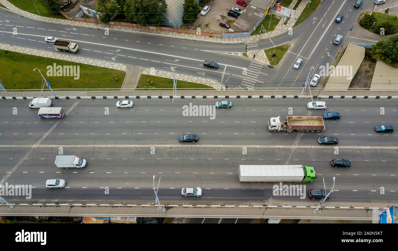 Aerial top view of road junction from above, automobile traffic and jam ...
