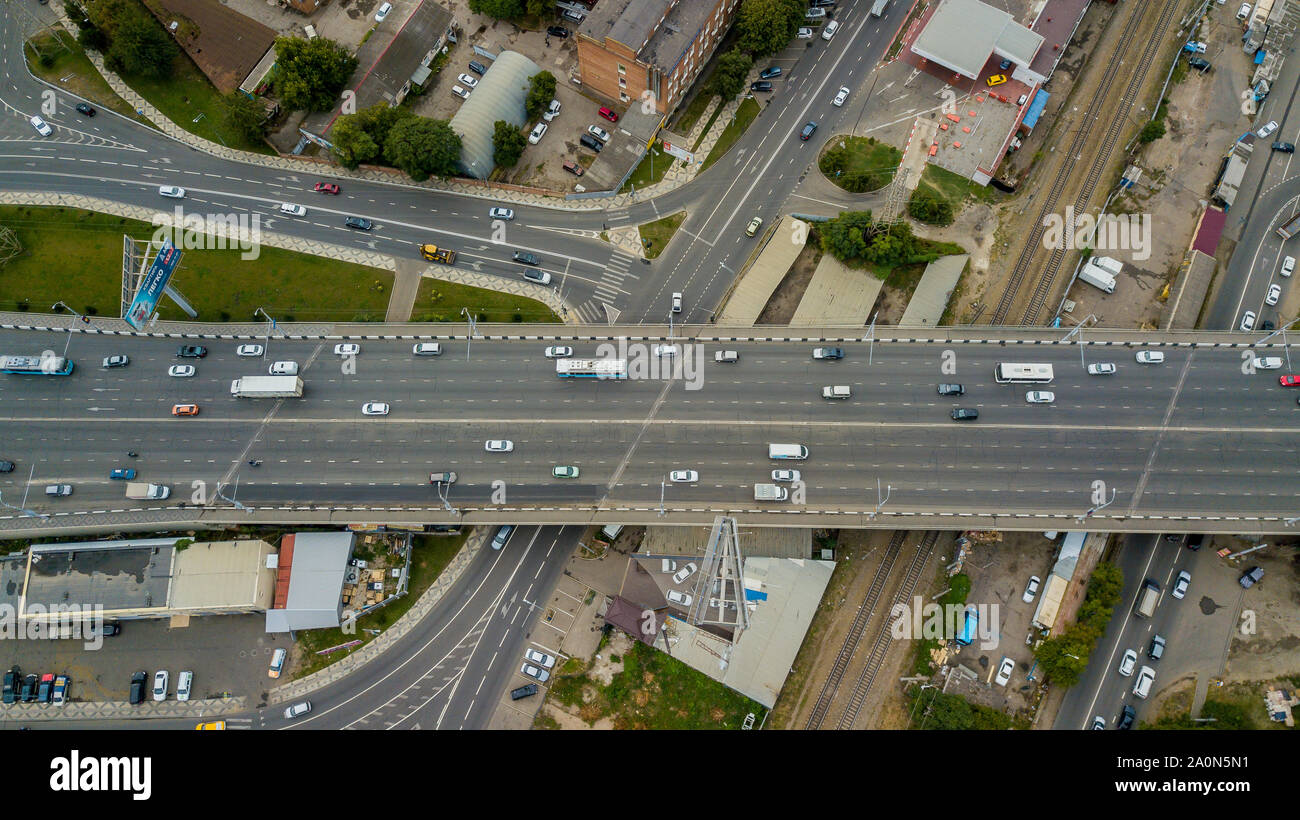 Aerial top view of road junction from above, automobile traffic and jam ...