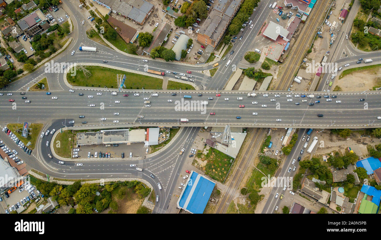 Aerial top view of road junction from above, automobile traffic and jam ...