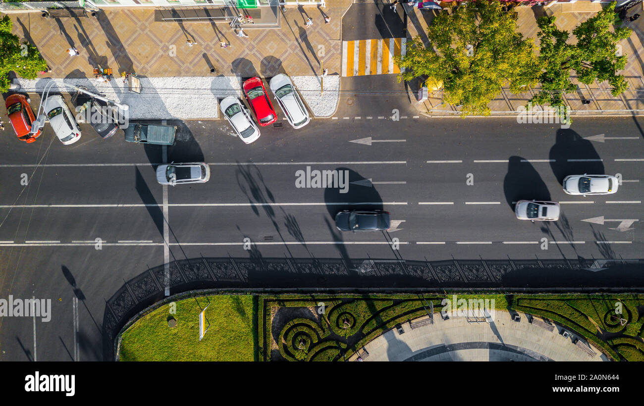 Overhead drone shot of freeway busy city rush hour. Aerial view of the ...