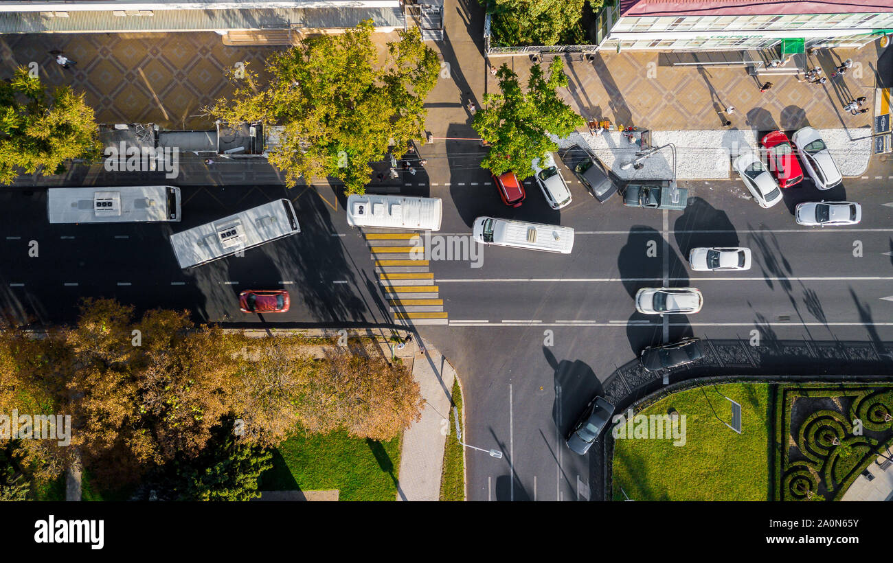 Overhead drone shot of freeway busy city rush hour. Aerial view of the ...
