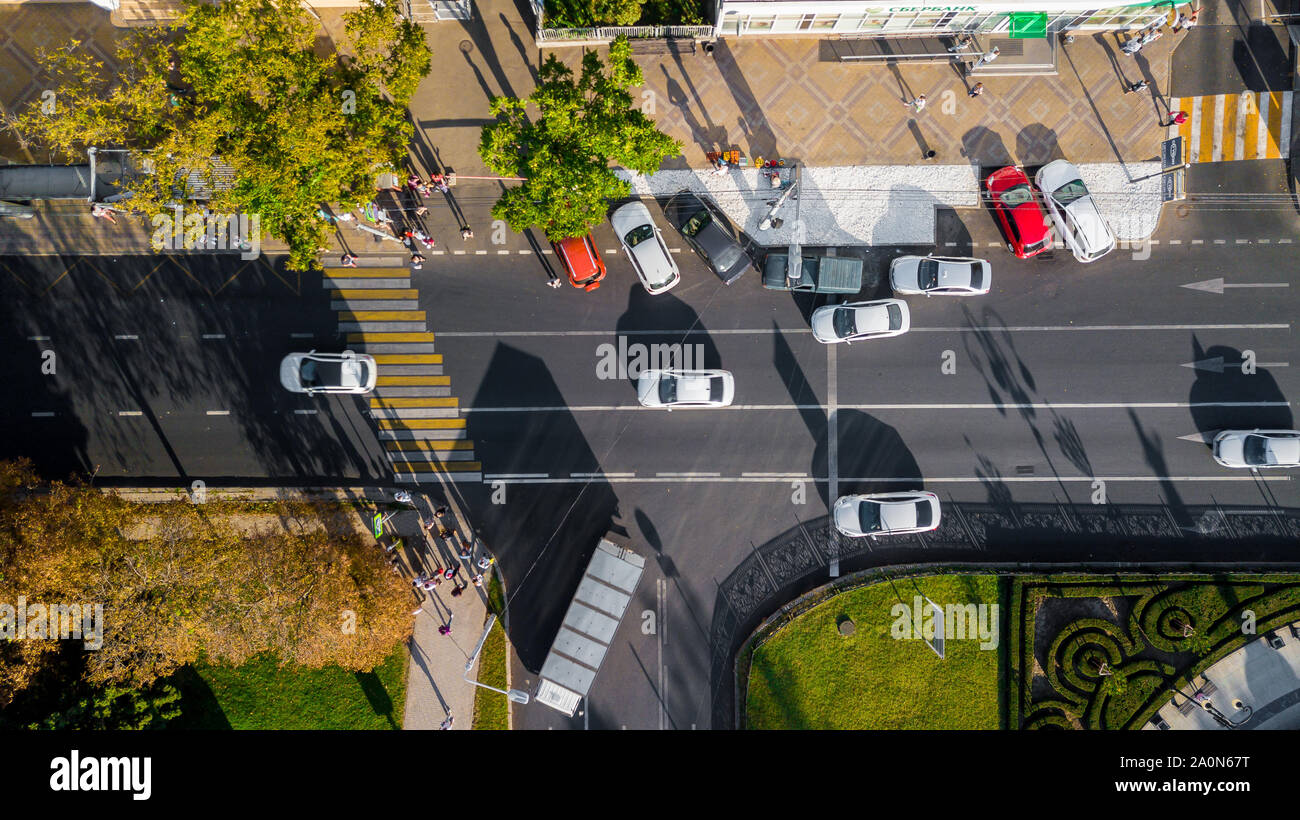 Overhead drone shot of freeway busy city rush hour. Aerial view of the ...