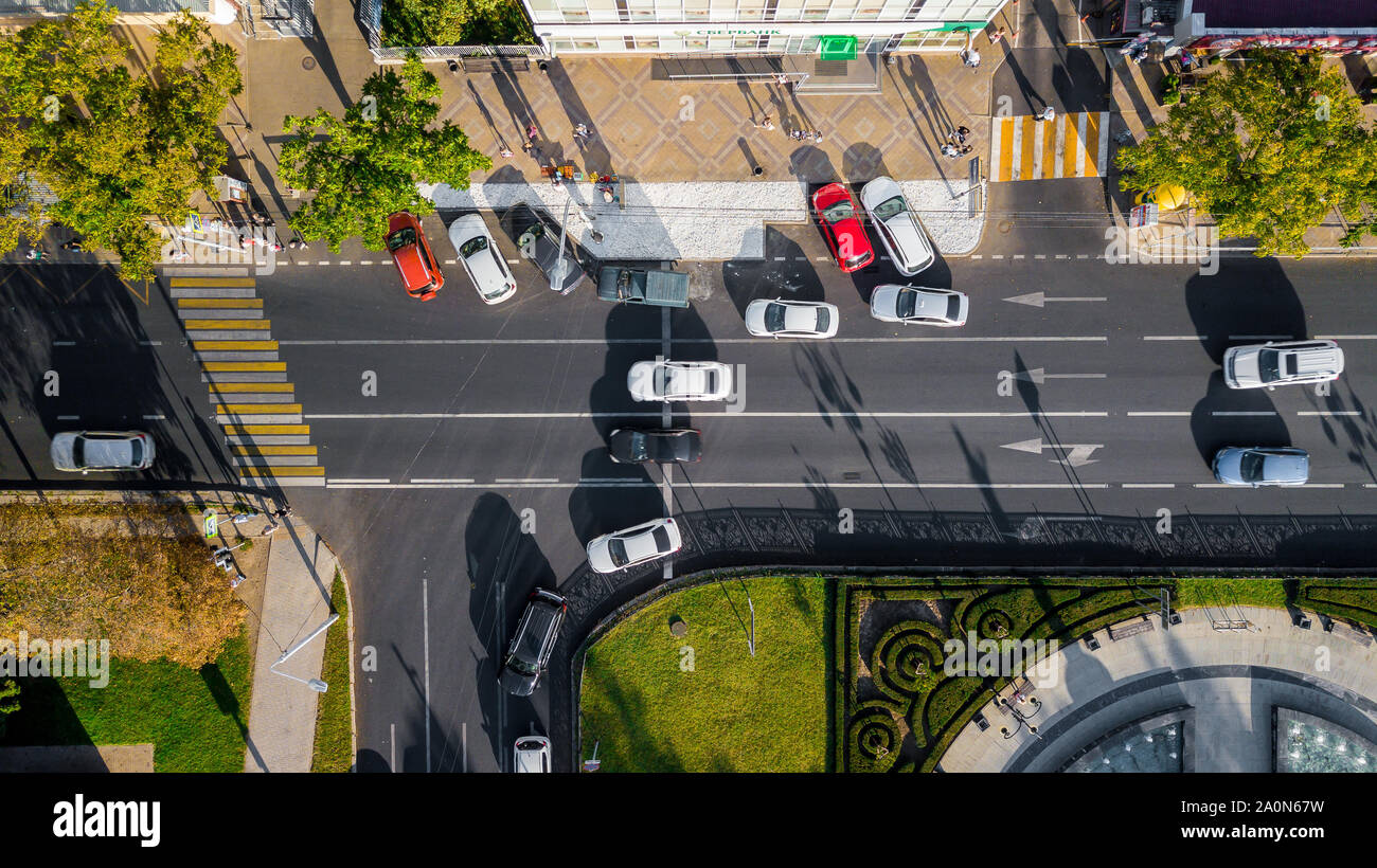 Overhead drone shot of freeway busy city rush hour. Aerial view of the ...