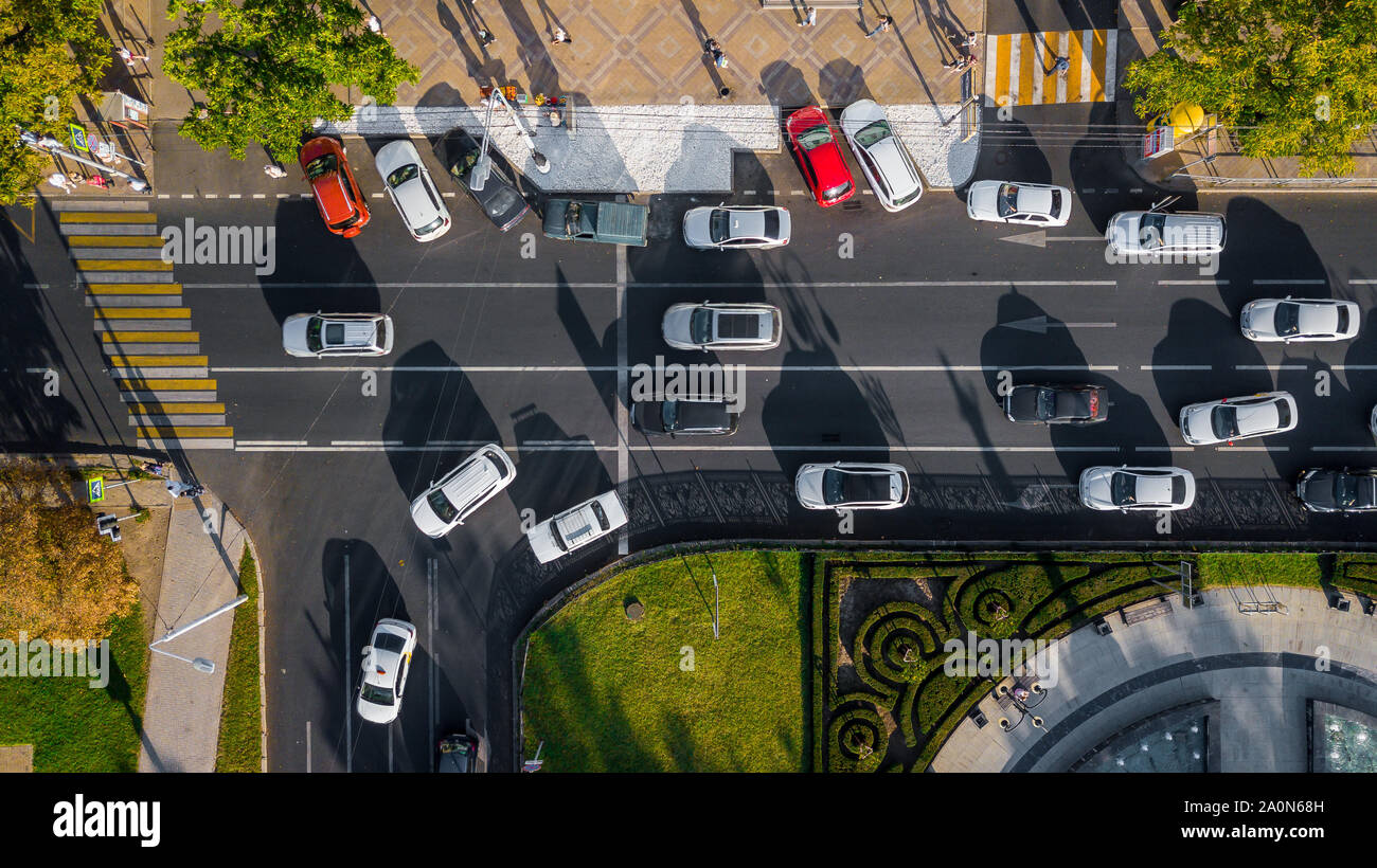 Overhead drone shot of freeway busy city rush hour. Aerial view of the ...