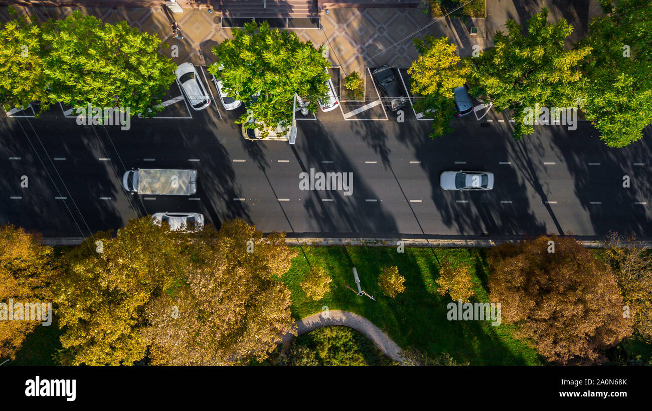 Overhead drone shot of freeway busy city rush hour. Aerial view of the ...