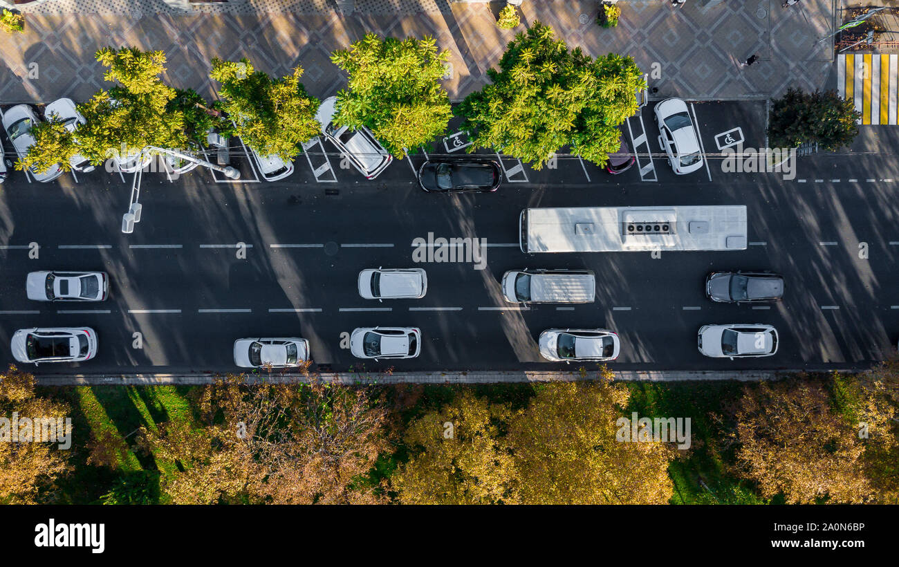 Overhead drone shot of freeway busy city rush hour. Aerial view of the ...