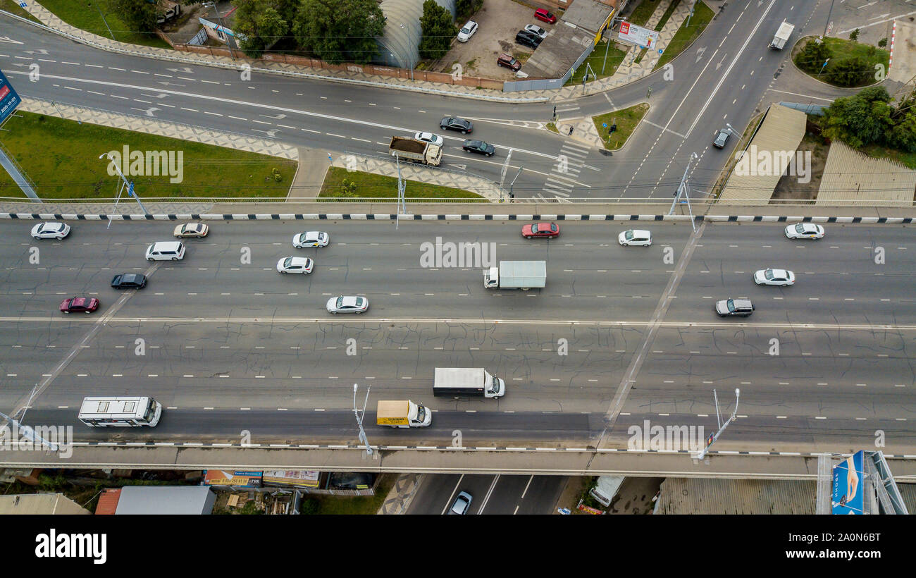 Aerial top view of road junction from above, automobile traffic and jam ...