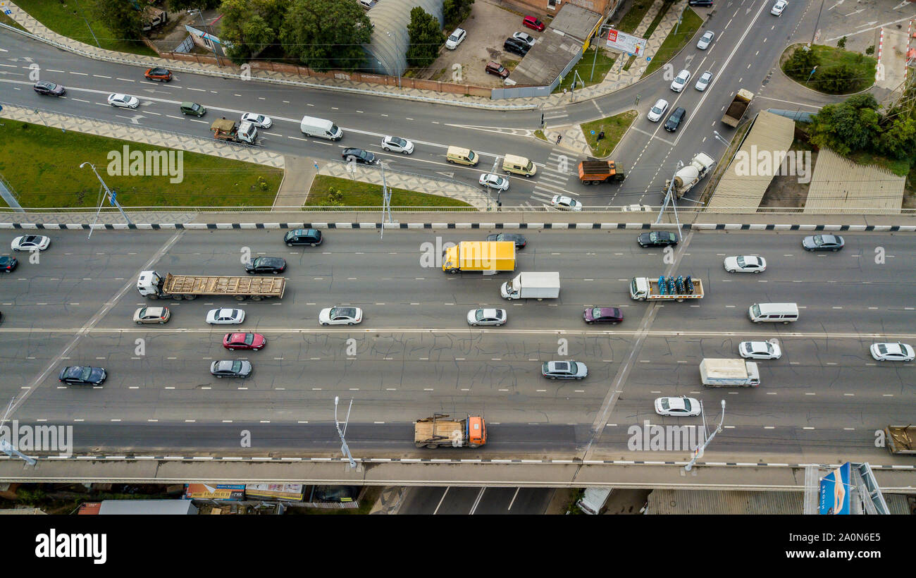 Aerial top view of road junction from above, automobile traffic and jam ...