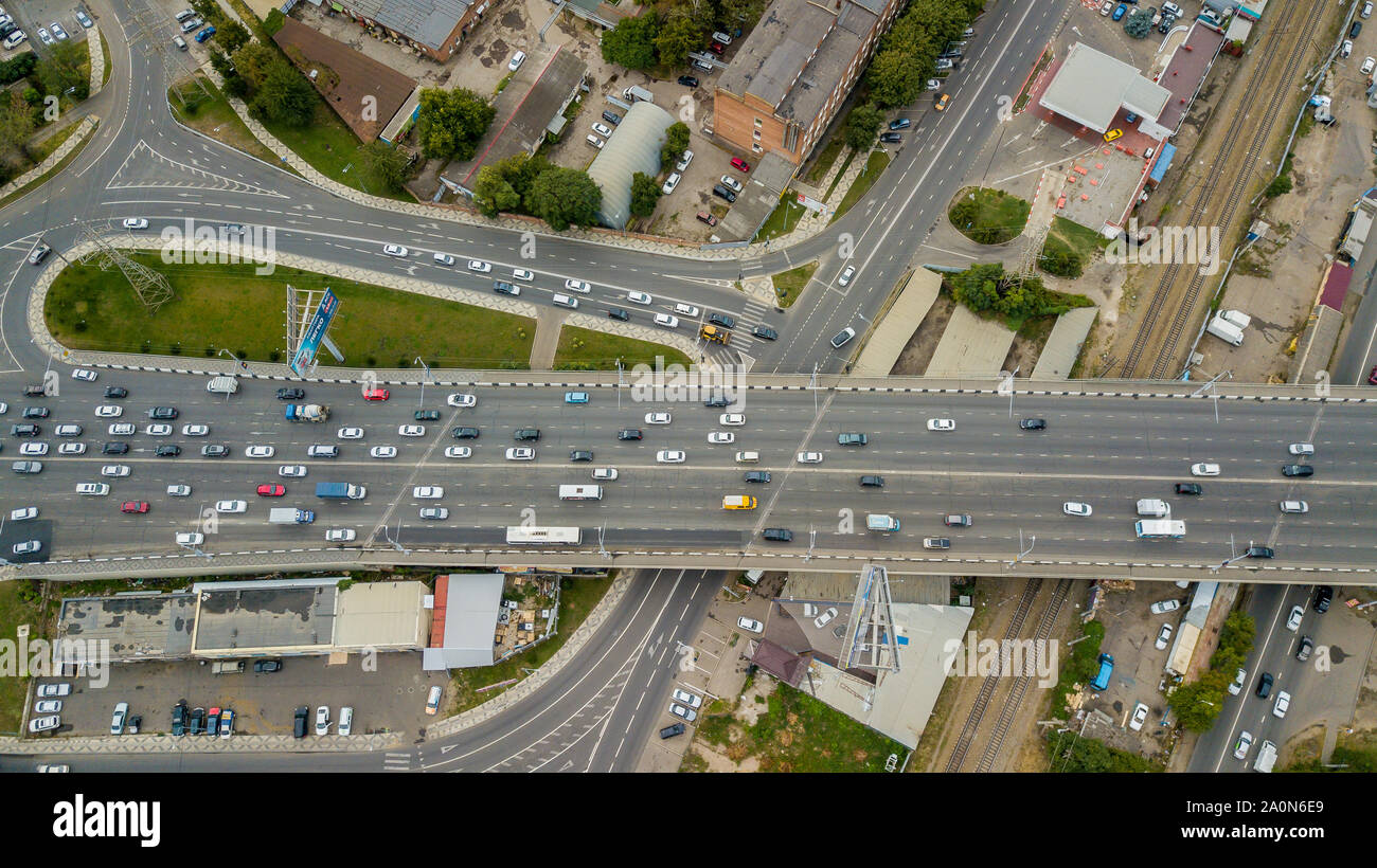 Aerial top view of road junction from above, automobile traffic and jam ...