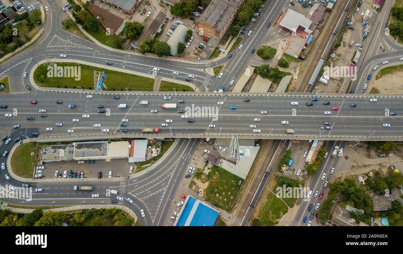 Aerial top view of road junction from above, automobile traffic and jam ...