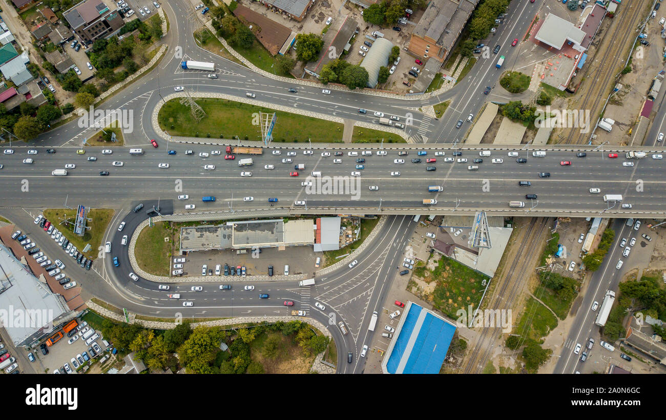 Aerial top view of road junction from above, automobile traffic and jam ...