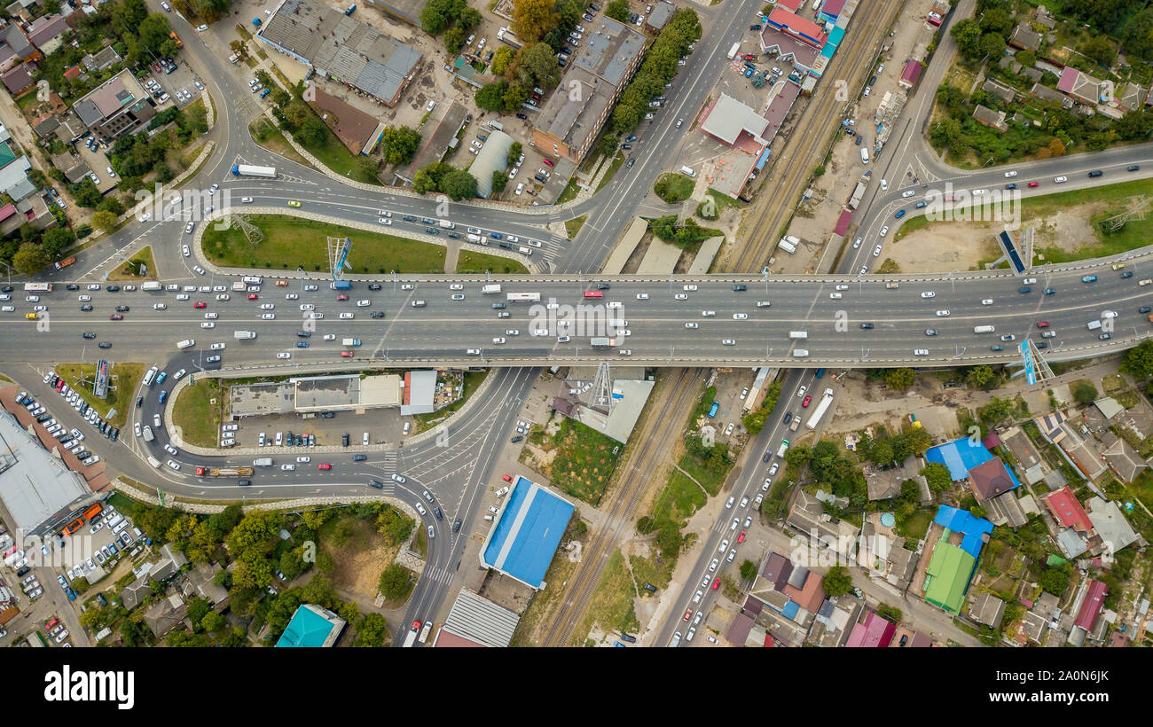 Aerial top view of road junction from above, automobile traffic and jam ...