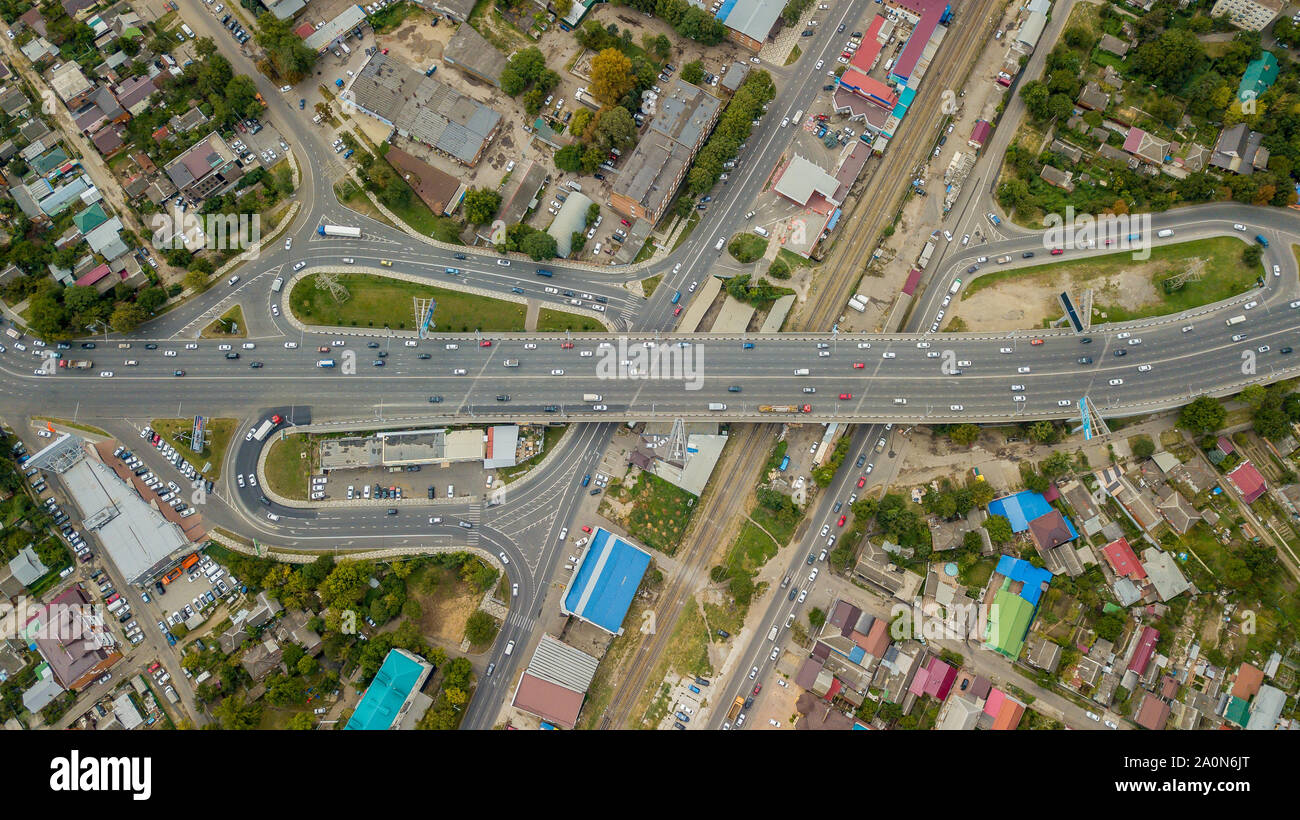 Aerial top view of road junction from above, automobile traffic and jam ...