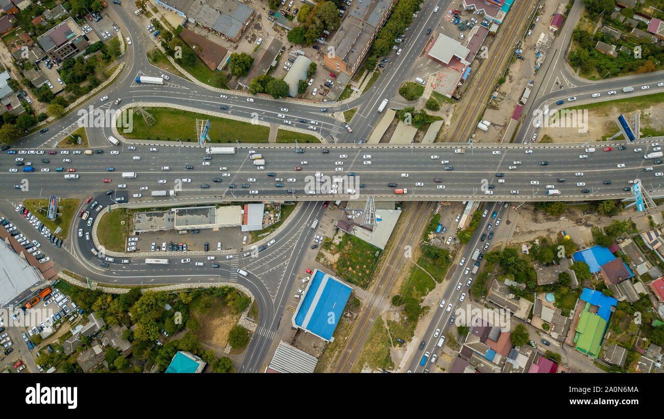 Aerial top view of road junction from above, automobile traffic and jam ...