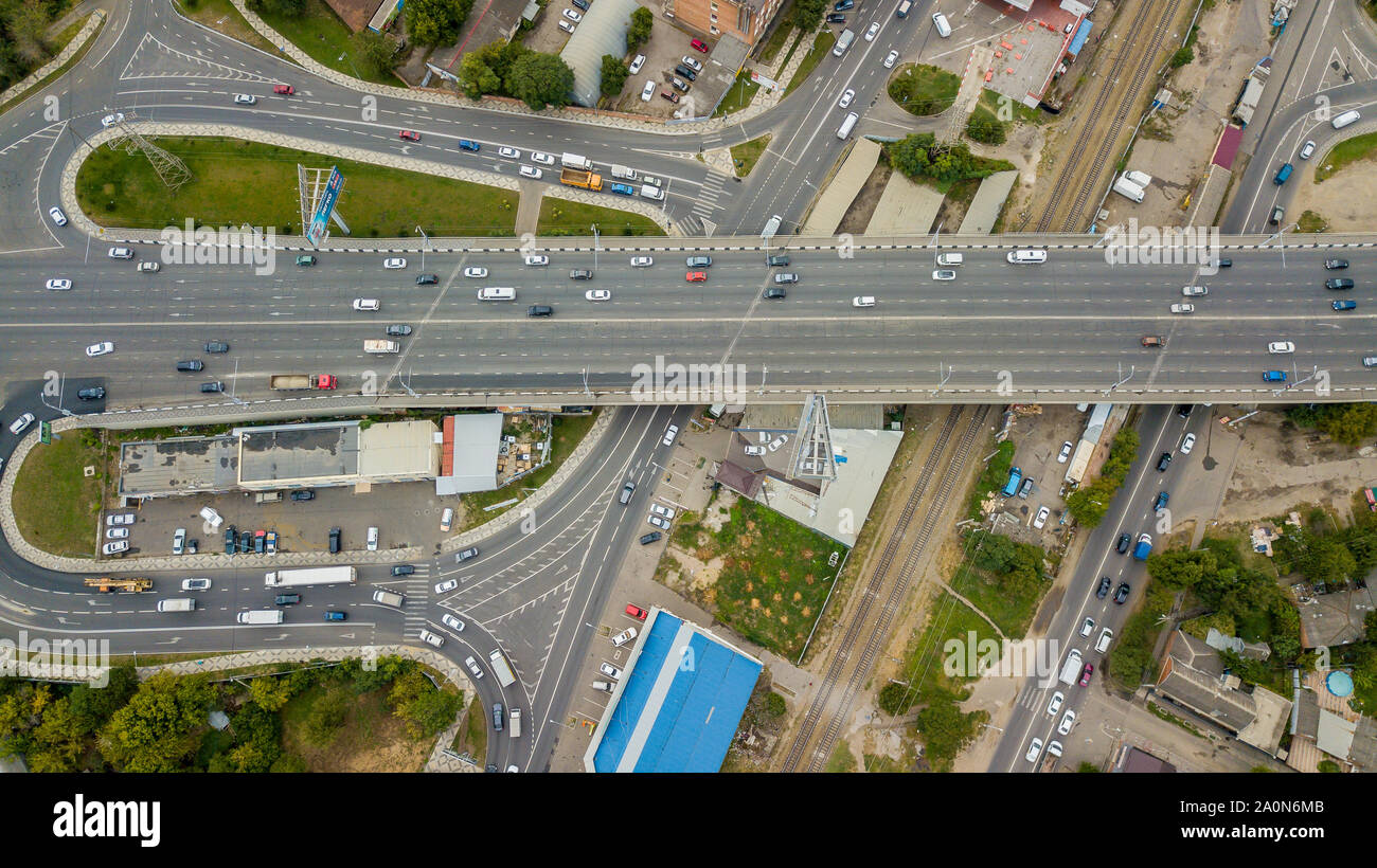 Aerial top view of road junction from above, automobile traffic and jam ...