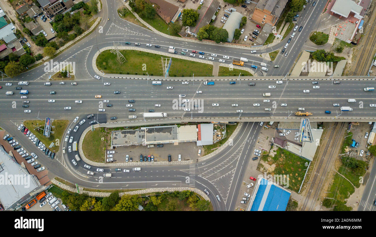 Aerial top view of road junction from above, automobile traffic and jam ...
