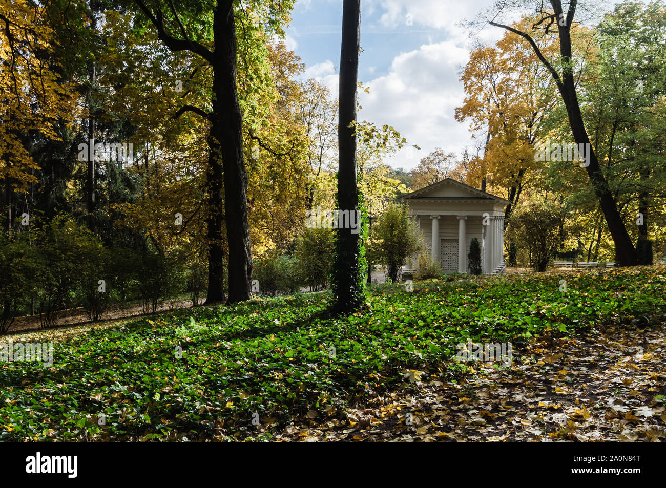 Temple of the Sibyl in Lazienki park, Warsaw, Poland, during autumn ...