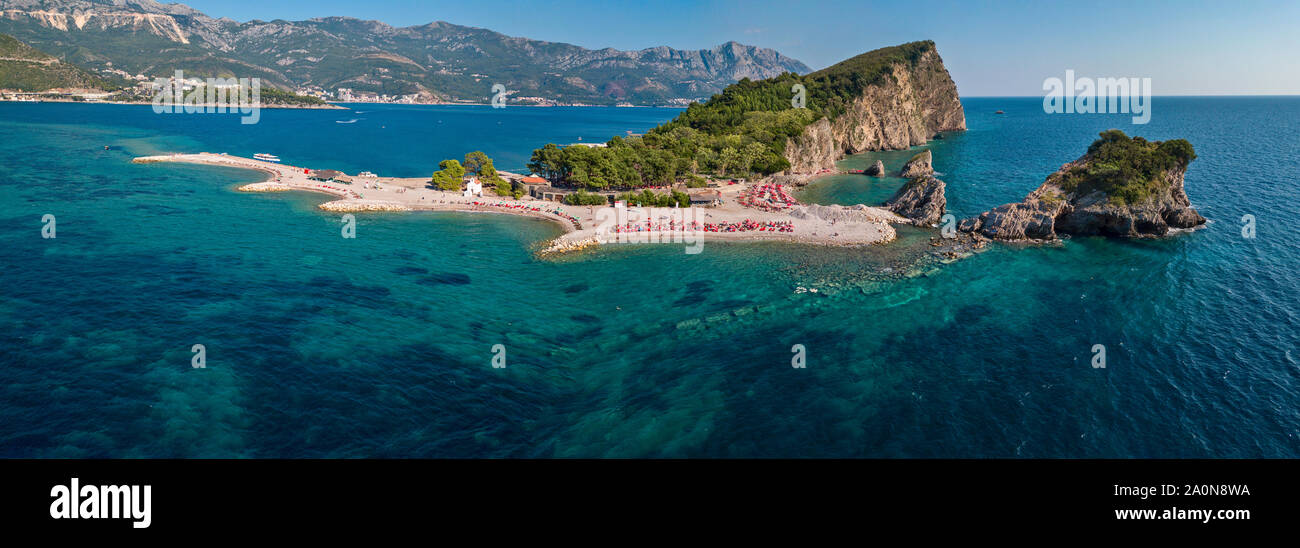 Aerial view of Sveti Nikola, Budva island, Montenegro. Hawaii beach ...