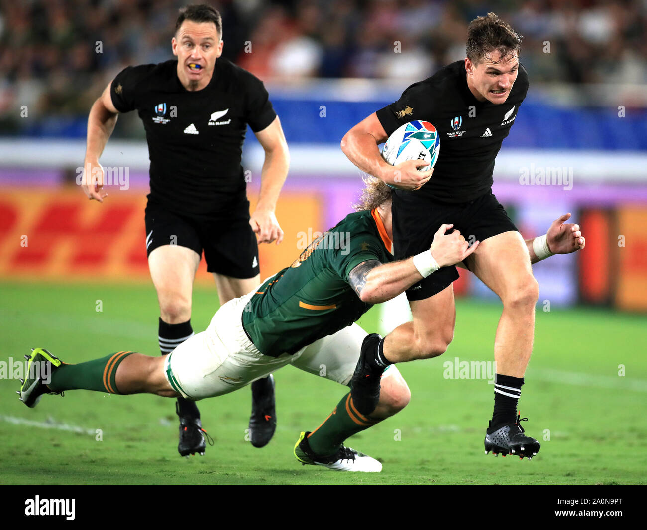 New Zealand's George Bridge (right) breaks away during the 2019 Rugby ...