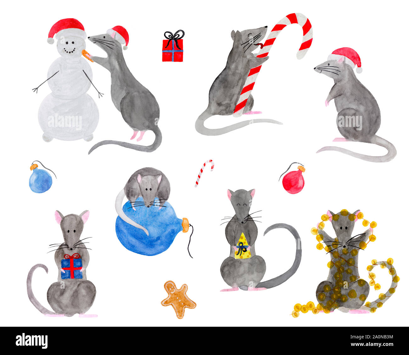 Watercolor set of Christmas rats isolated on white background. Hand ...