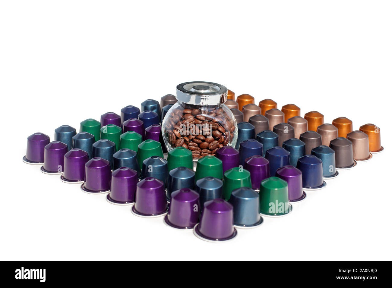 Coffee capsules different kinds and colors on a white background top ...