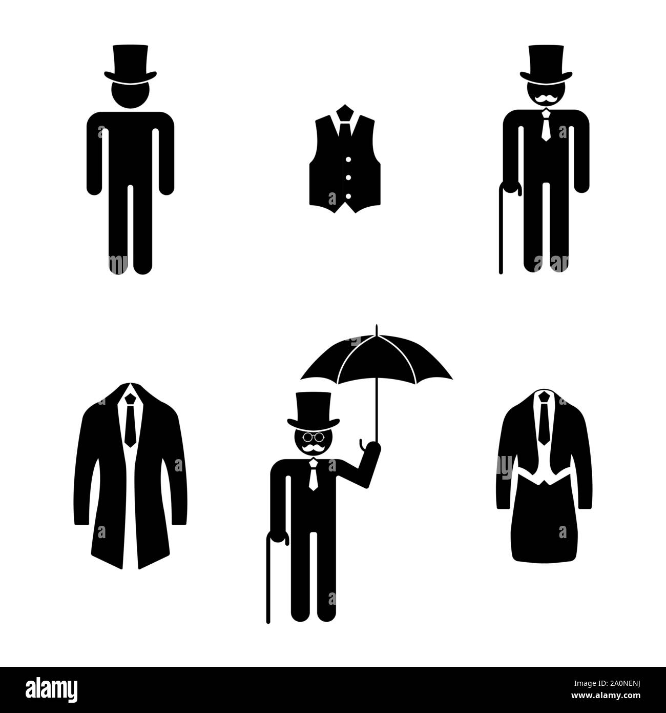 Set of gentleman stick figures, black mans silhouettes on a white ...