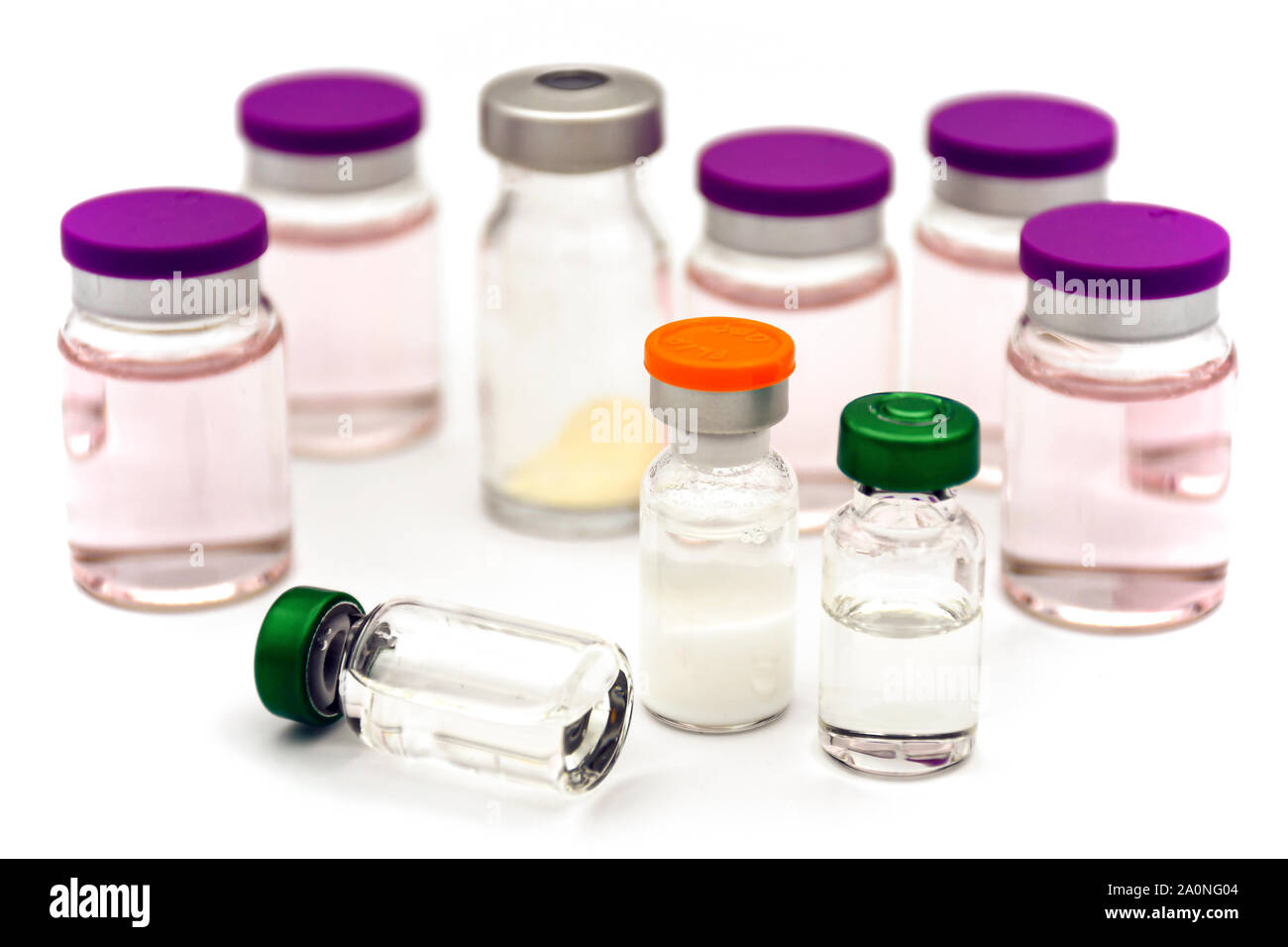 Vials of sterile pharmaceutical products for injection on white ...