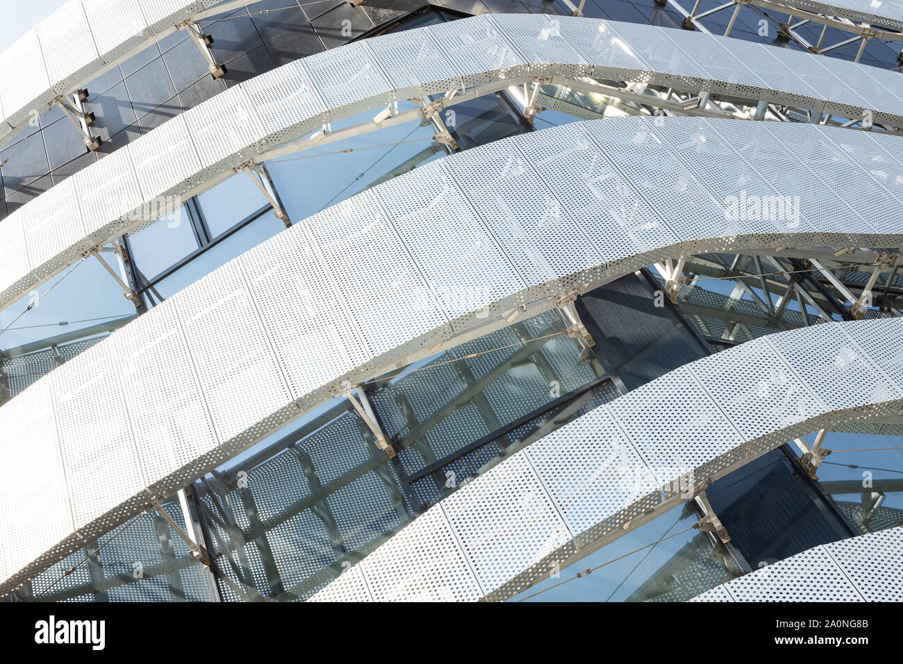 Diagonal view of high modern building construction with metal ...