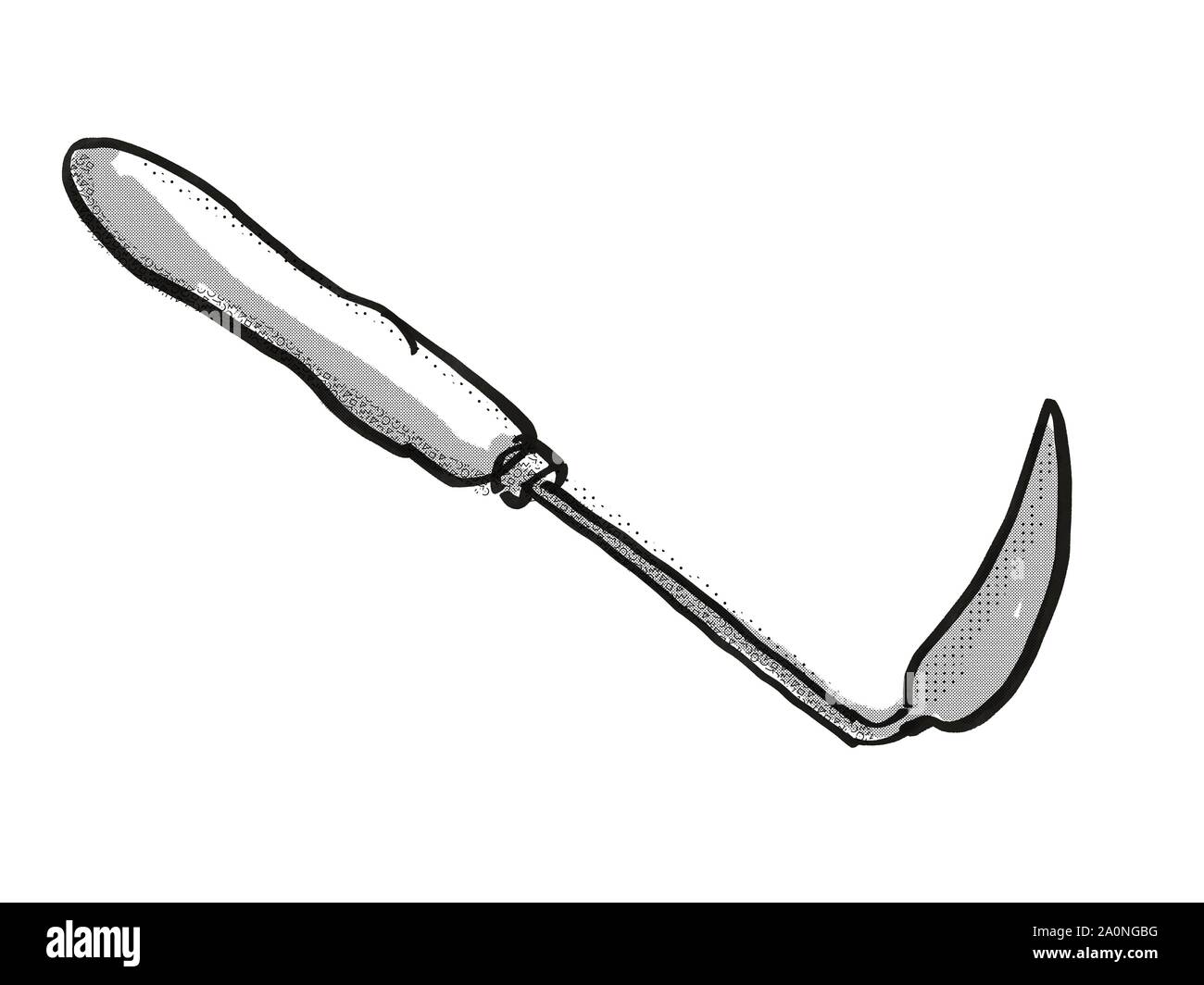 Retro cartoon style drawing of a Korean hand hoe , a garden or ...