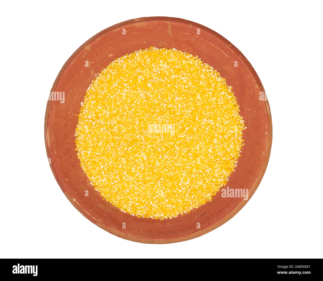 Food texture background of maize flour, top view in terracotta red ...