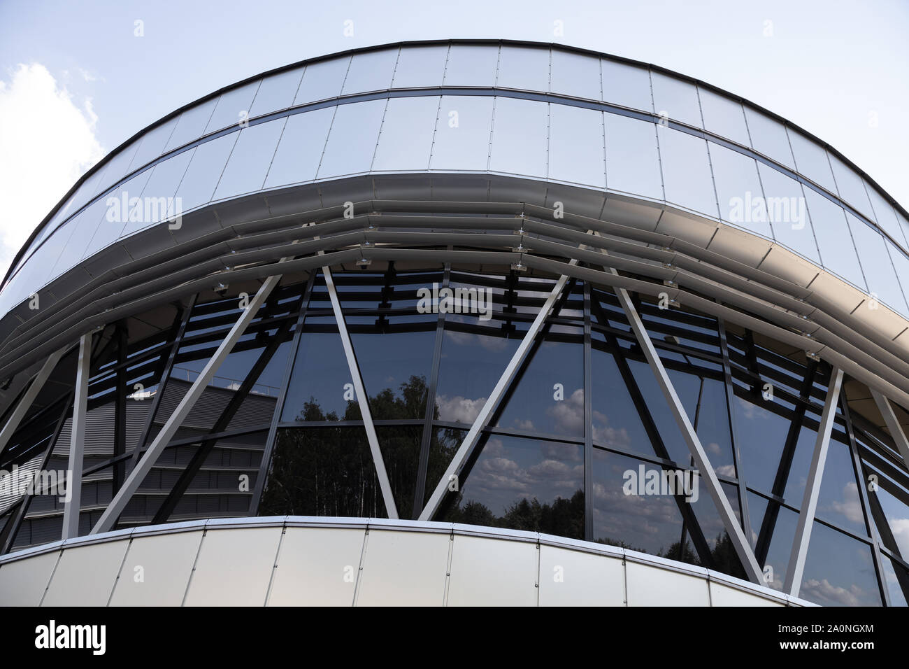 Bottom view of hemispheric black glass windows reflecting street Stock ...