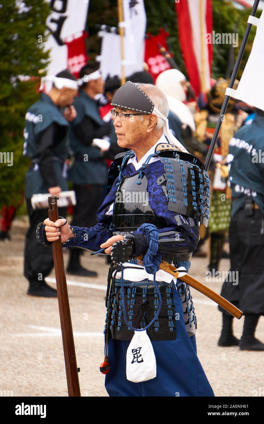 Japanese reenactors dressed in traditional samurai costume and armour ...