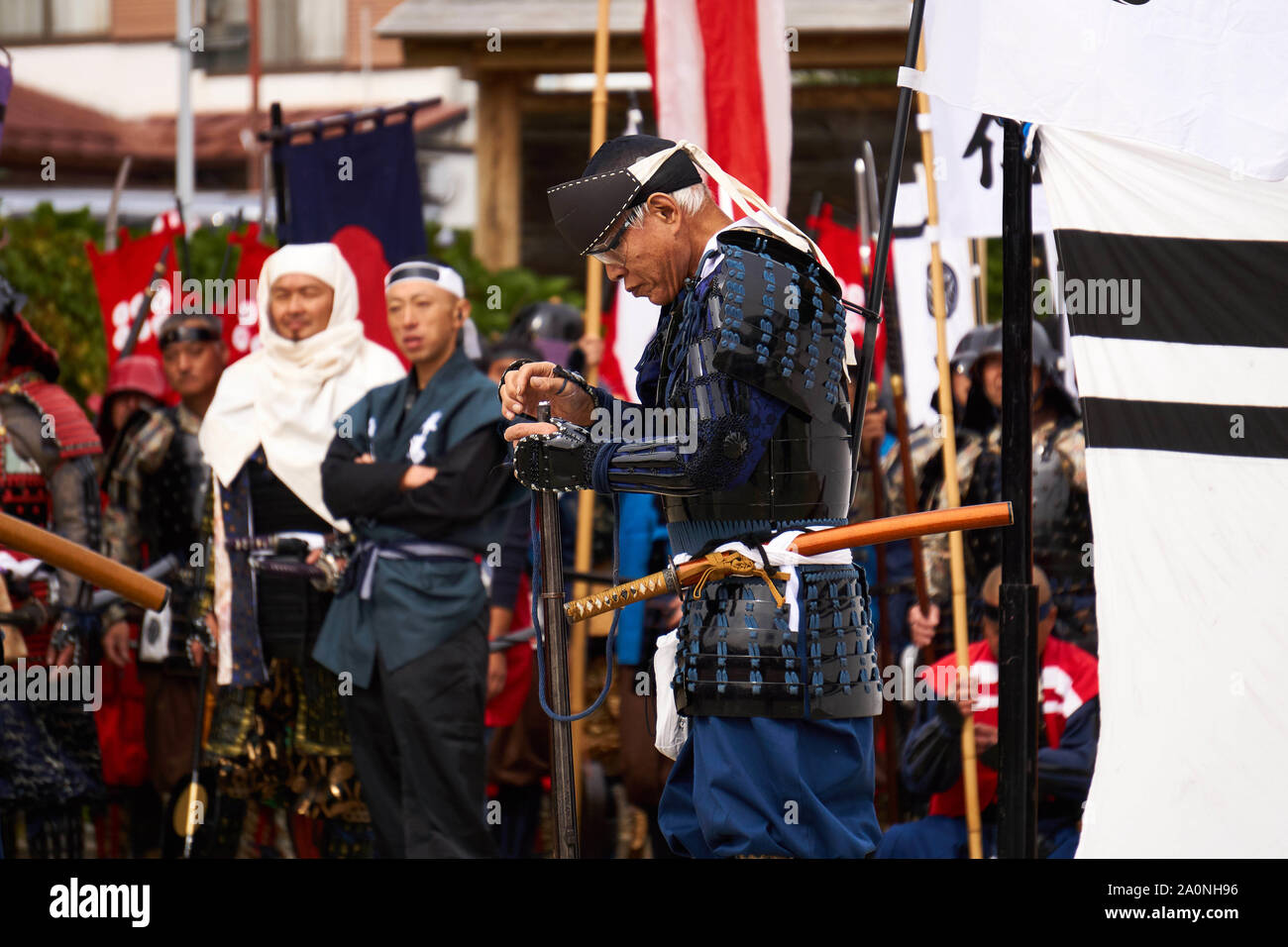 Japanese reenactors dressed in traditional samurai costume and armour ...