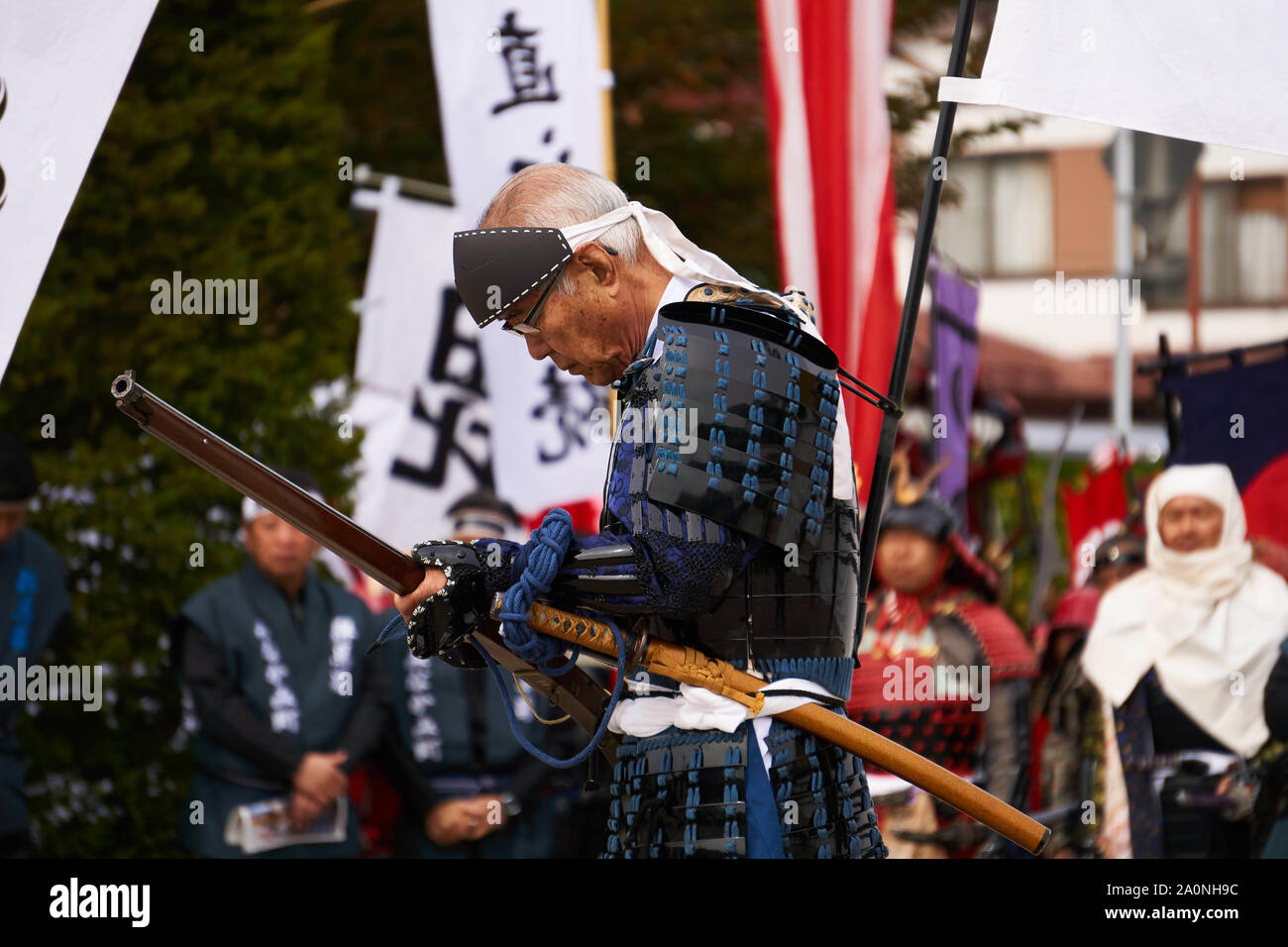 Japanese reenactors dressed in traditional samurai costume and armour ...
